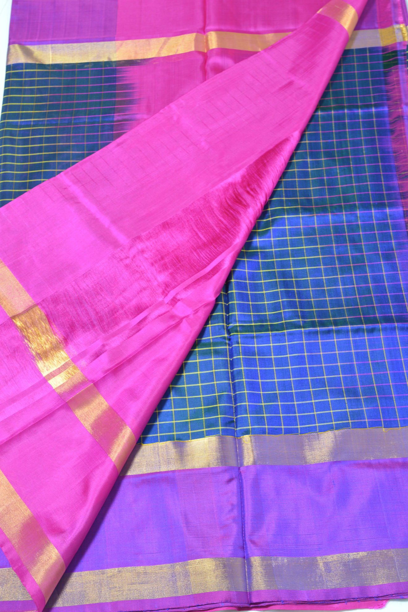 Tvis and Bliss. Navy Blue and Pink Checks Uppada Silk Saree