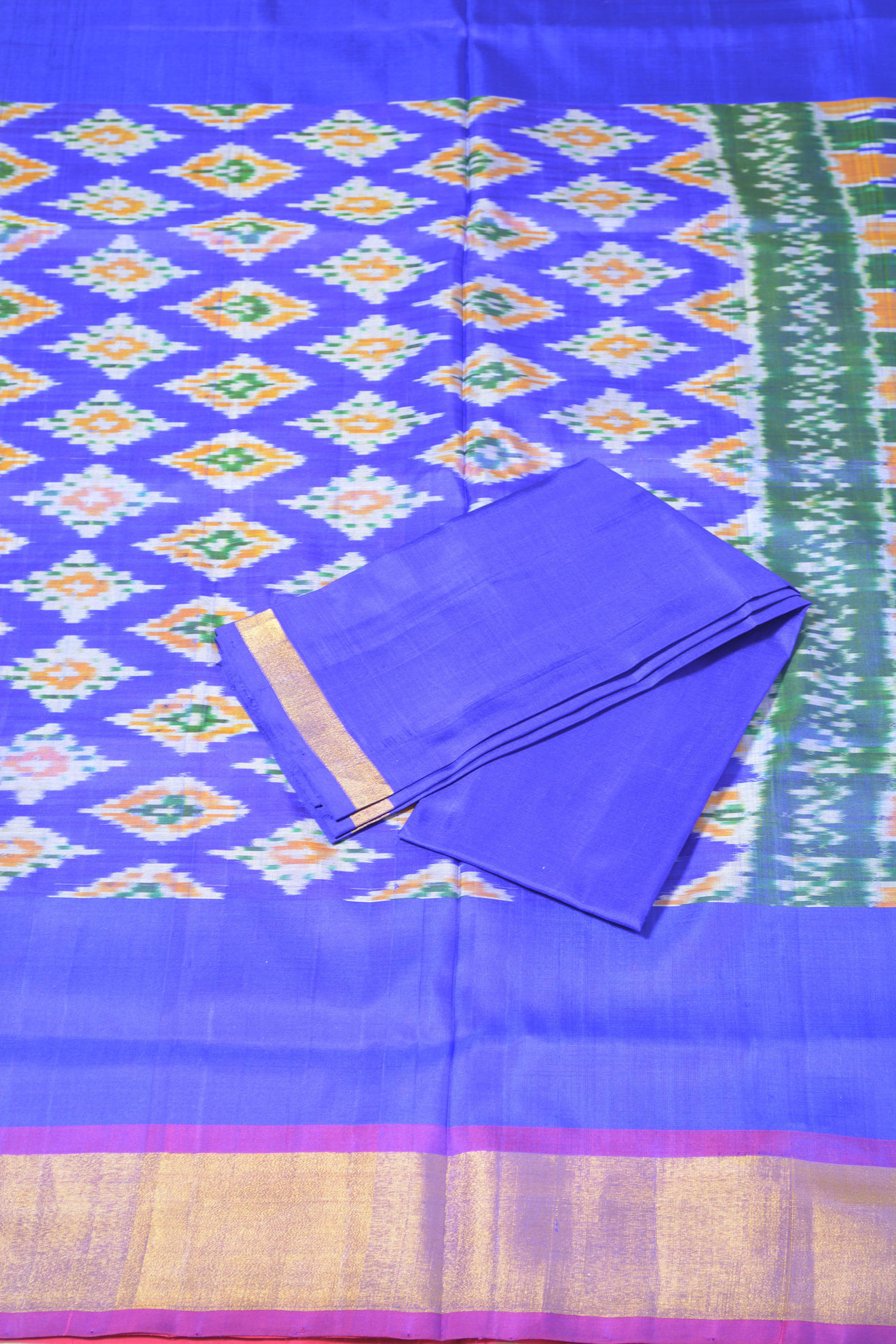Tvis and Bliss. Bright Pink and Blue Pochampally Design Uppada Silk Saree