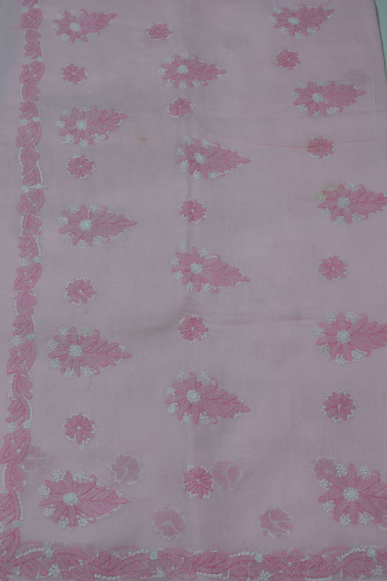 Tvis and Bliss. Baby Pink Lucknow Chikankari Embroidered Cotton Saree