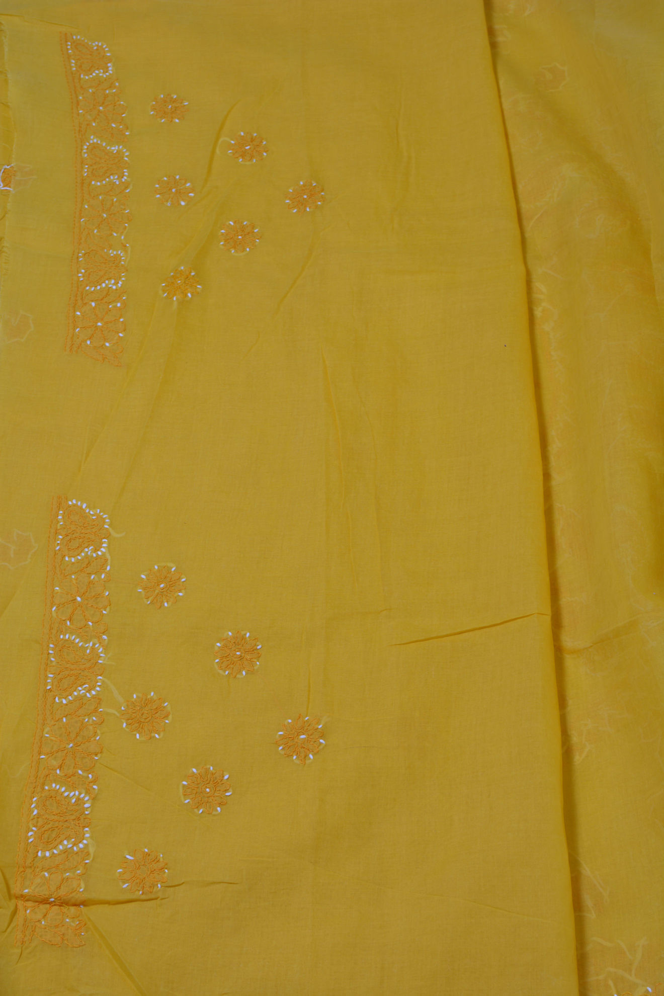 Tvis and Bliss. Mustard Yellow Lucknow Chikankari Embroidered Cotton Saree