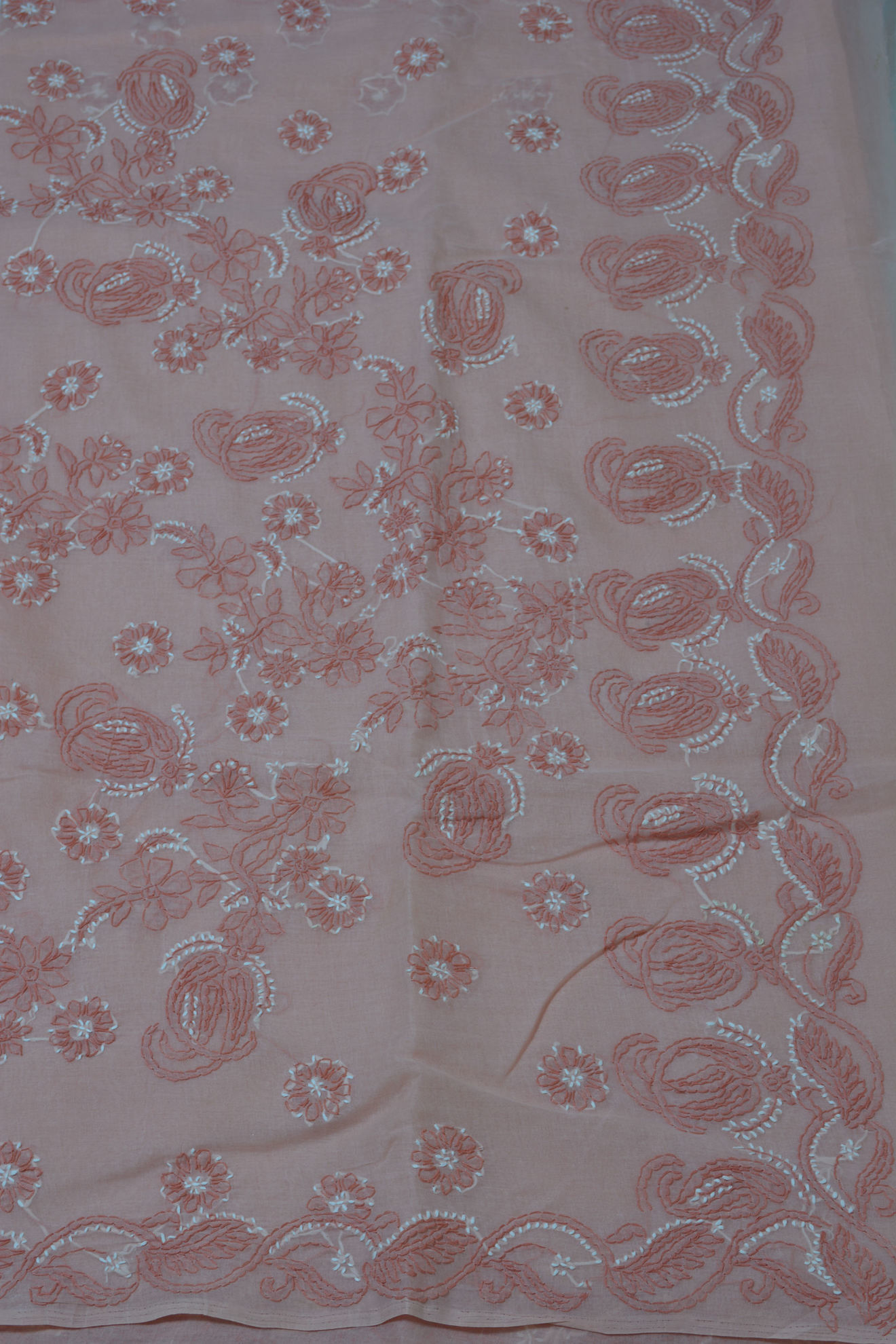Tvis and Bliss. Peach Pink Lucknow Chikankari Embroidered Cotton Saree