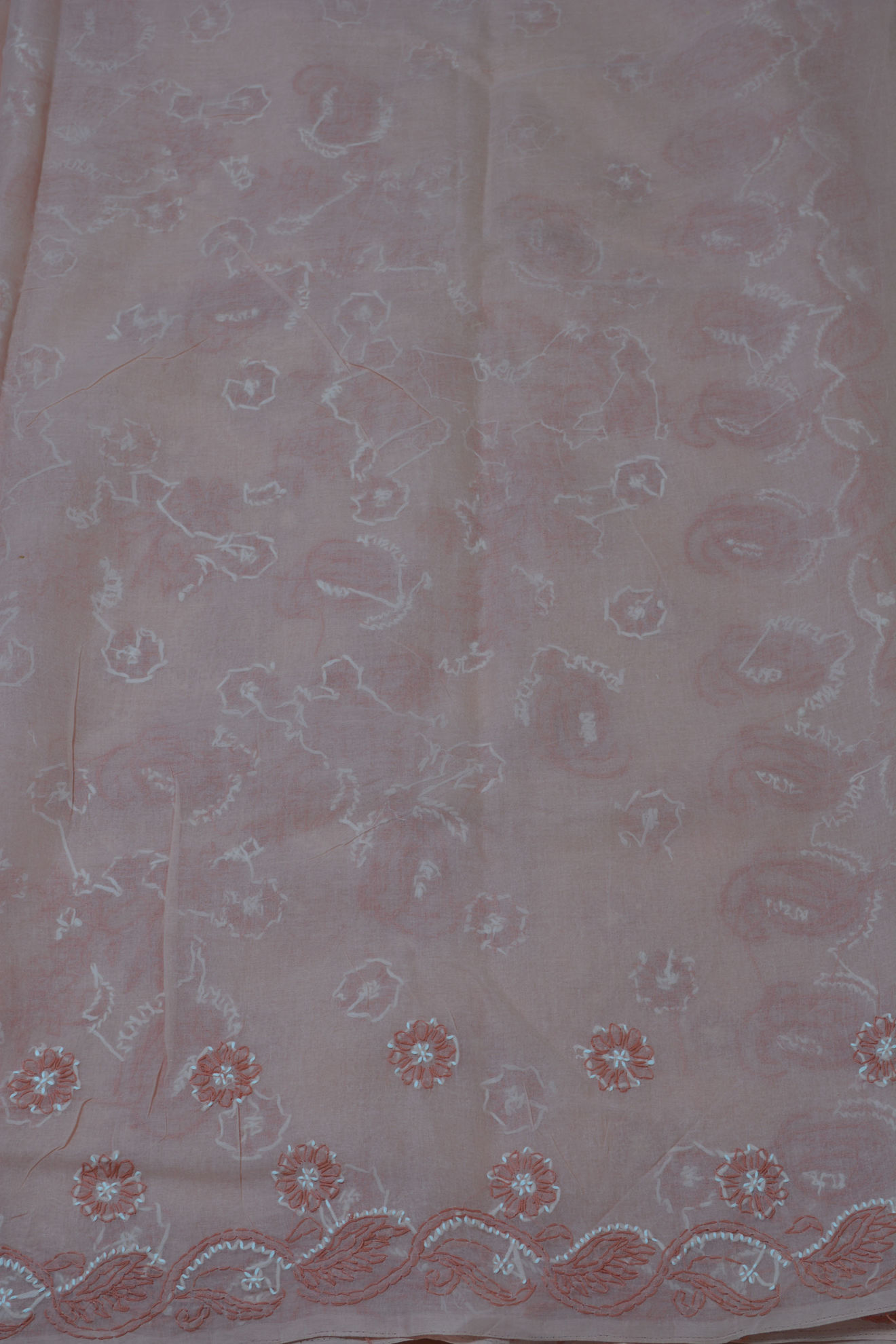 Tvis and Bliss. Peach Pink Lucknow Chikankari Embroidered Cotton Saree