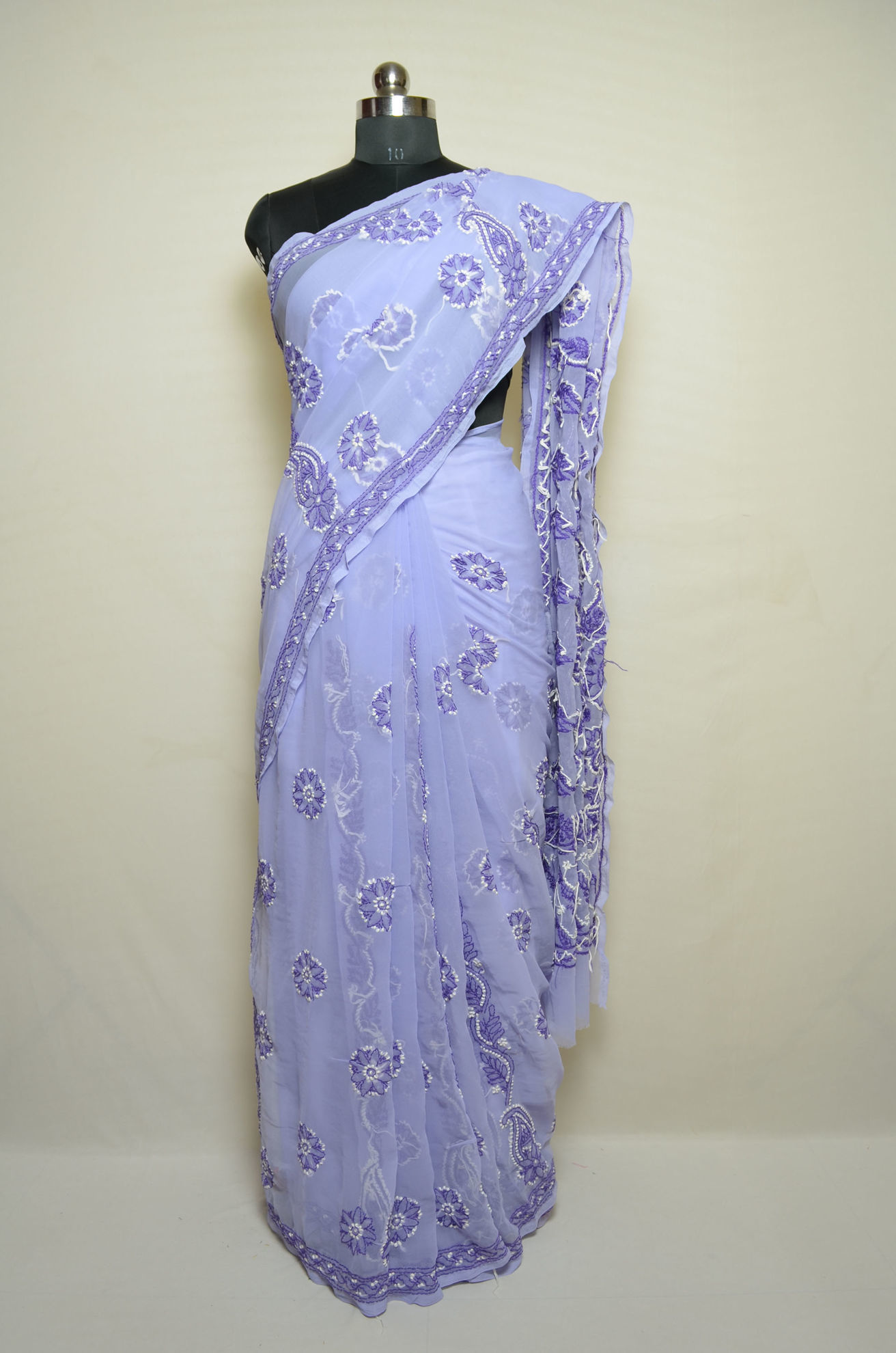 Tvis and Bliss. Light Violet Lucknow Chikankari Embroidered Georgette Saree