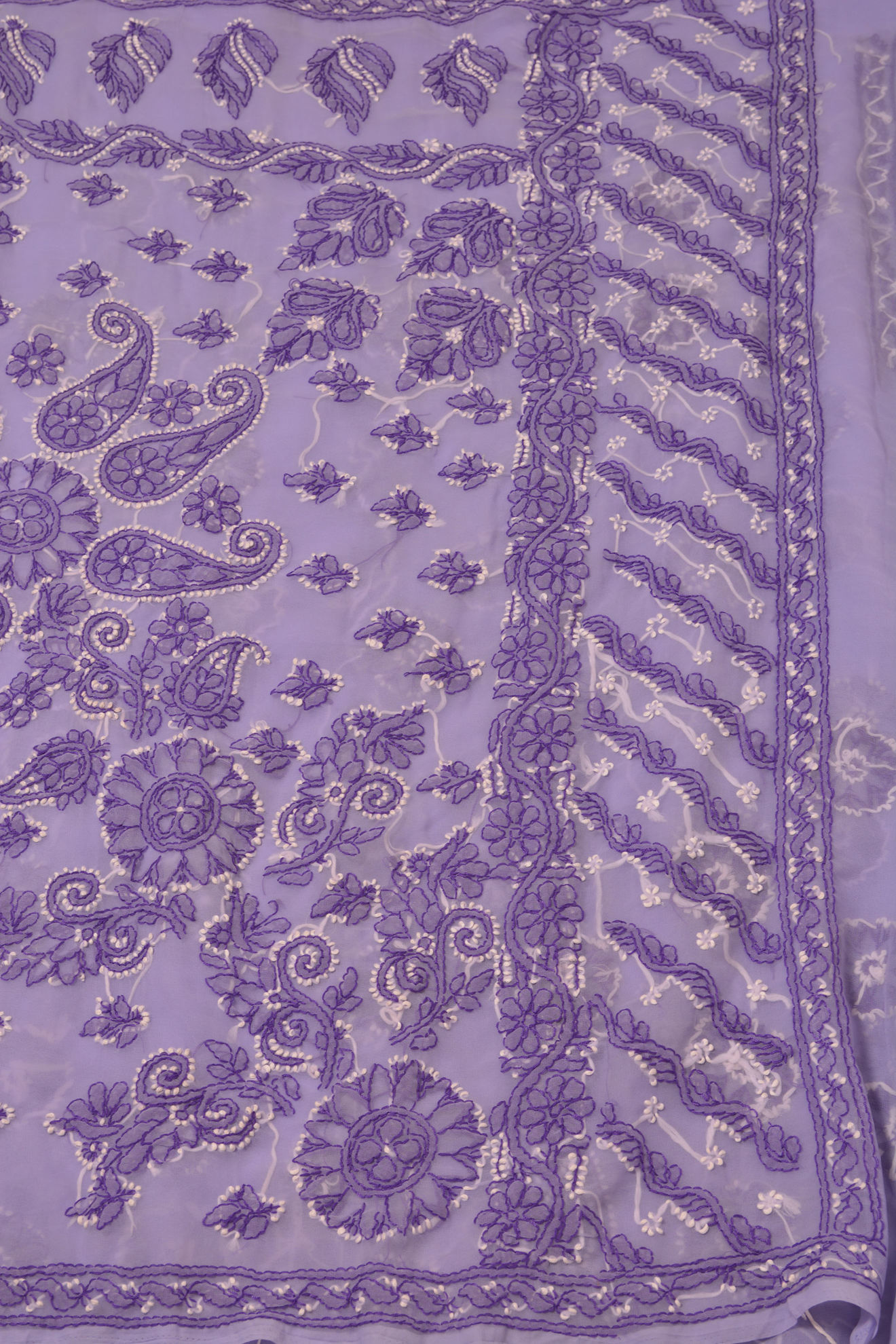 Tvis and Bliss. Light Violet Lucknow Chikankari Embroidered Georgette Saree