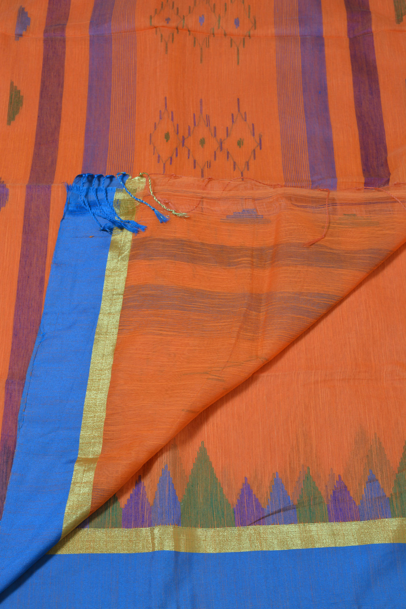 Tvis and Bliss. Orange Jute Silk Saree with Jamdani Work