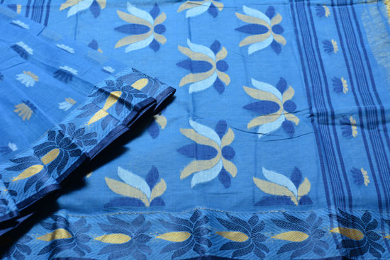 Tvis and Bliss. Bluish Grey and Prussian Blue Baluchari Cotton Saree