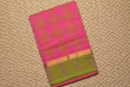 Tvis and Bliss. Pink and Yellow Checks Mangalagiri Handloom Cotton Saree