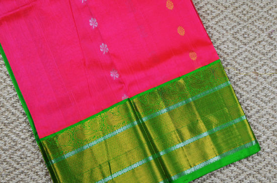 Tvis and Bliss. Pink and Green Kanchi Border Mangalagiri Silk Saree