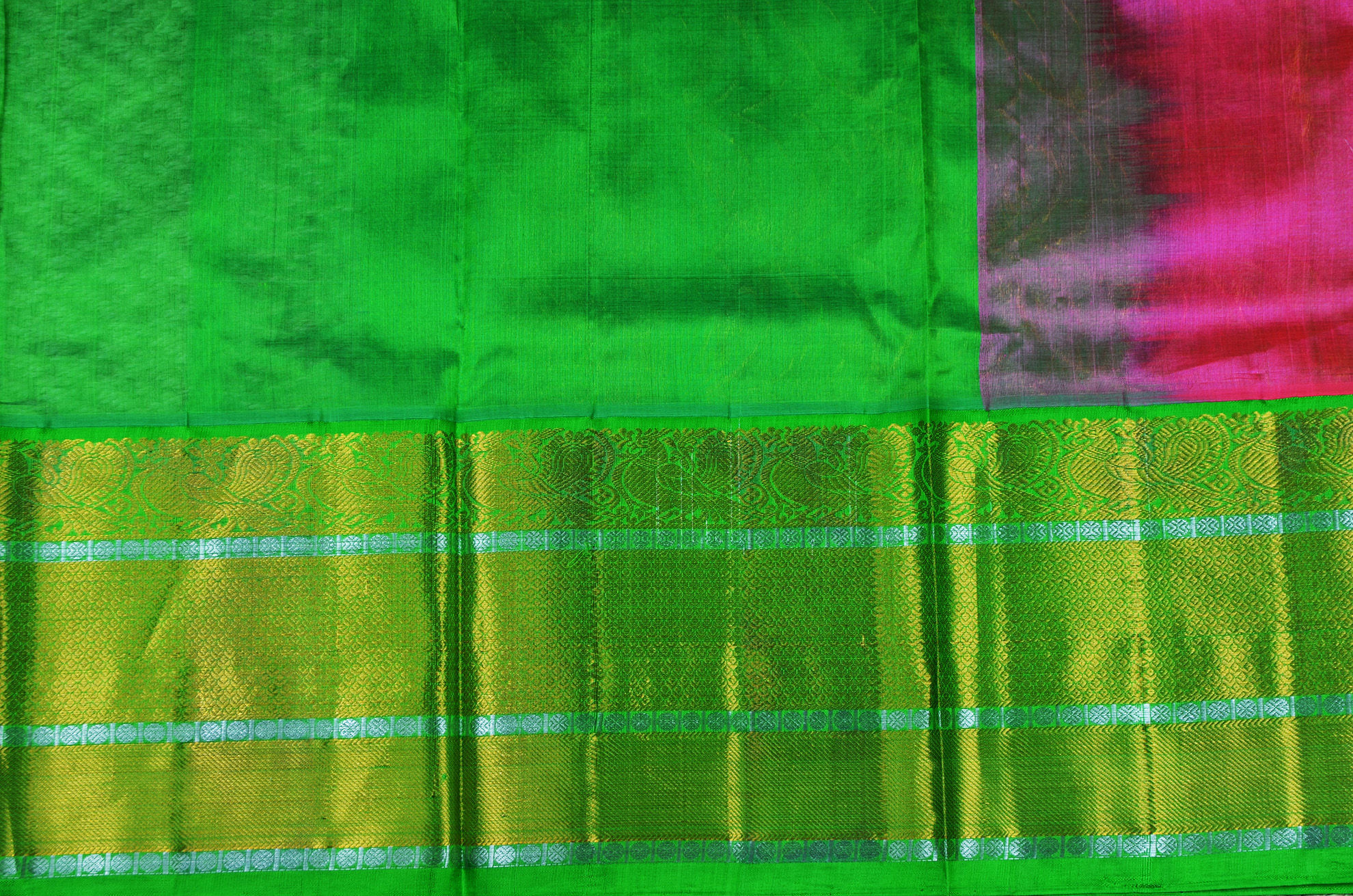 Tvis and Bliss. Pink and Green Kanchi Border Mangalagiri Silk Saree