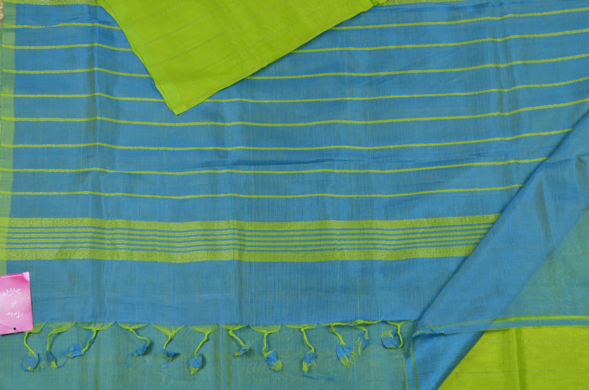 Tvis and Bliss. Parrot Green and Blue Zari Stripes Mangalagiri Silk Saree