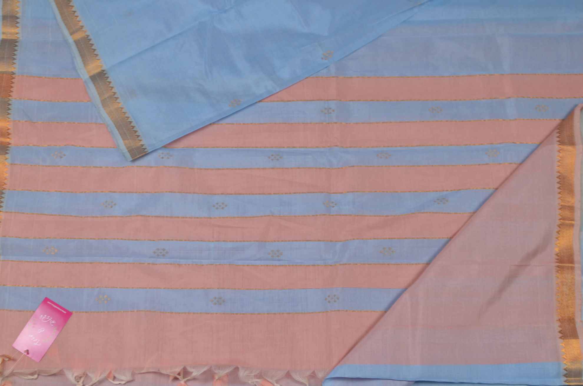 Tvis and Bliss. Ice Blue and Pastel Peach Small Zari Border with Butta ...