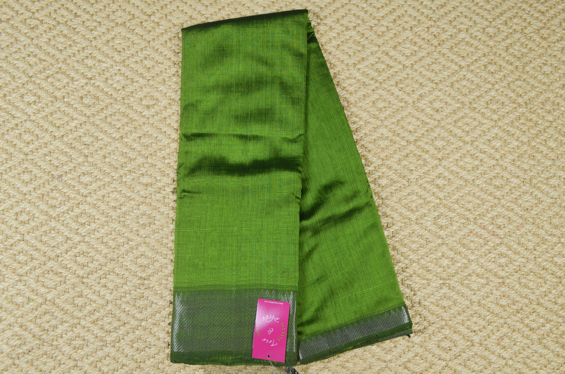 Tvis and Bliss. Moss Green Plain Mangalagiri Silk Saree with Silver Border