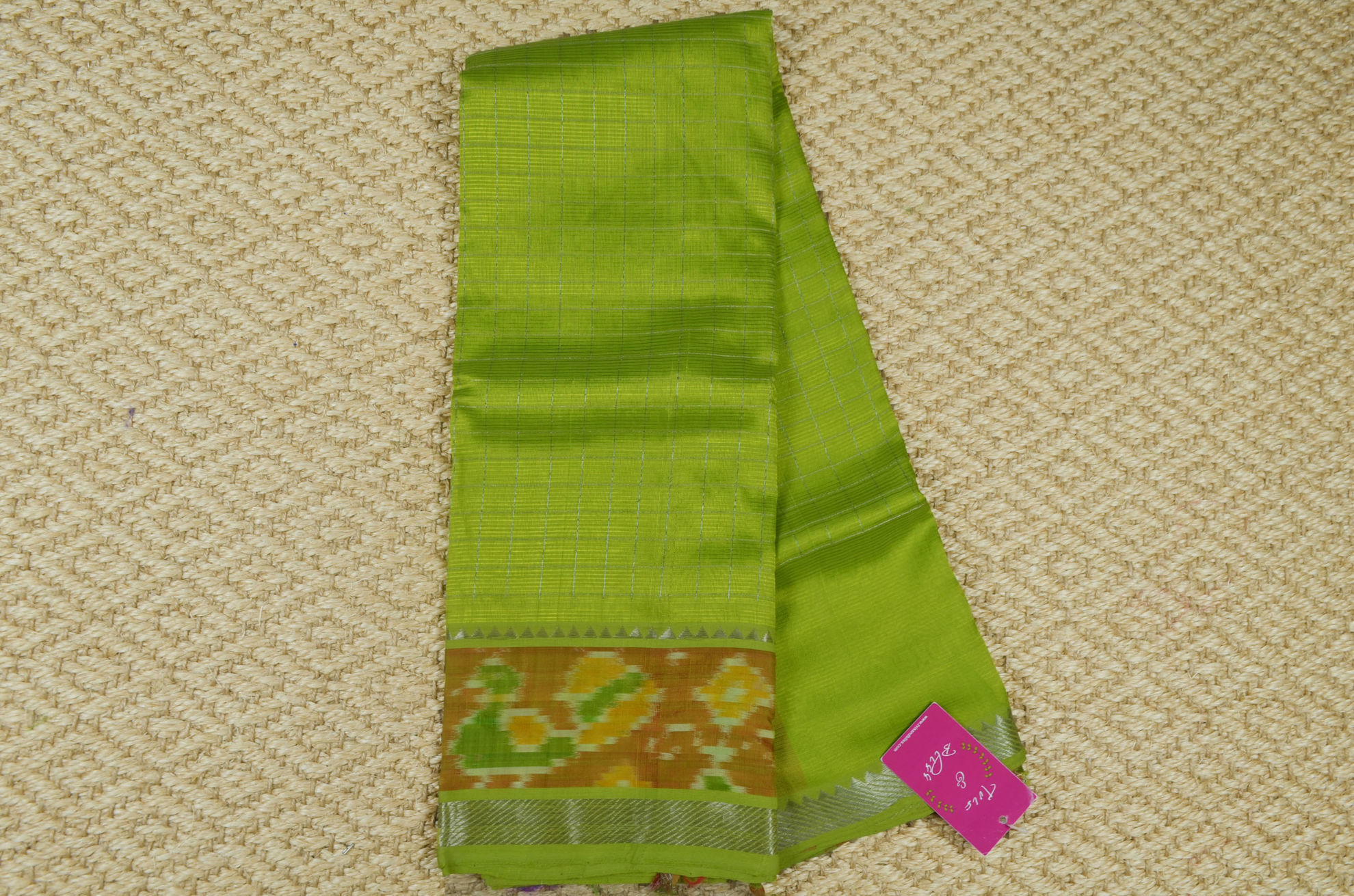 Tvis and Bliss. Parrot Green and Orange Zari Checks Pochampally Border ...