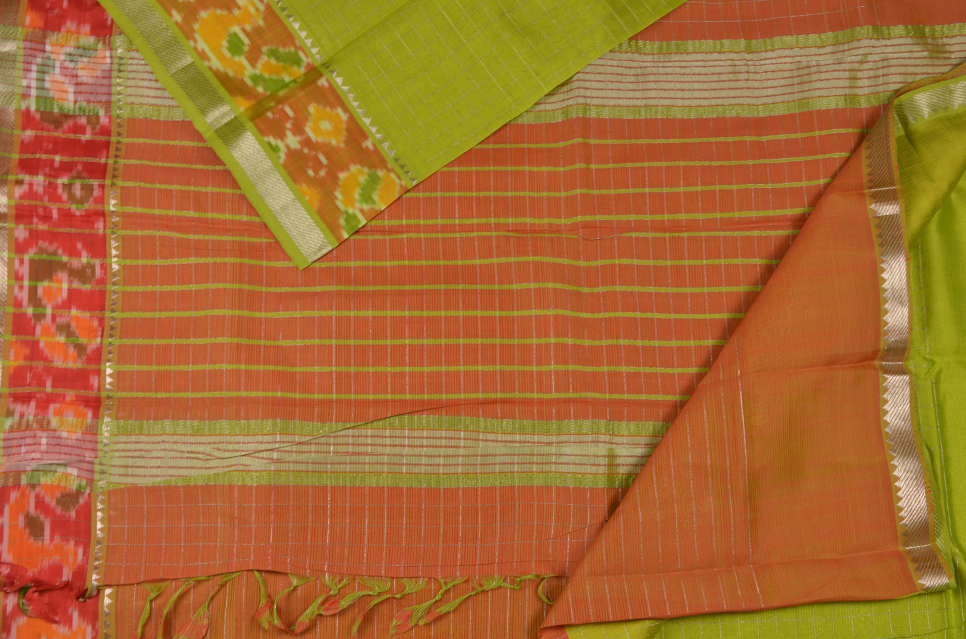 Tvis and Bliss. Parrot Green and Orange Zari Checks Pochampally Border ...