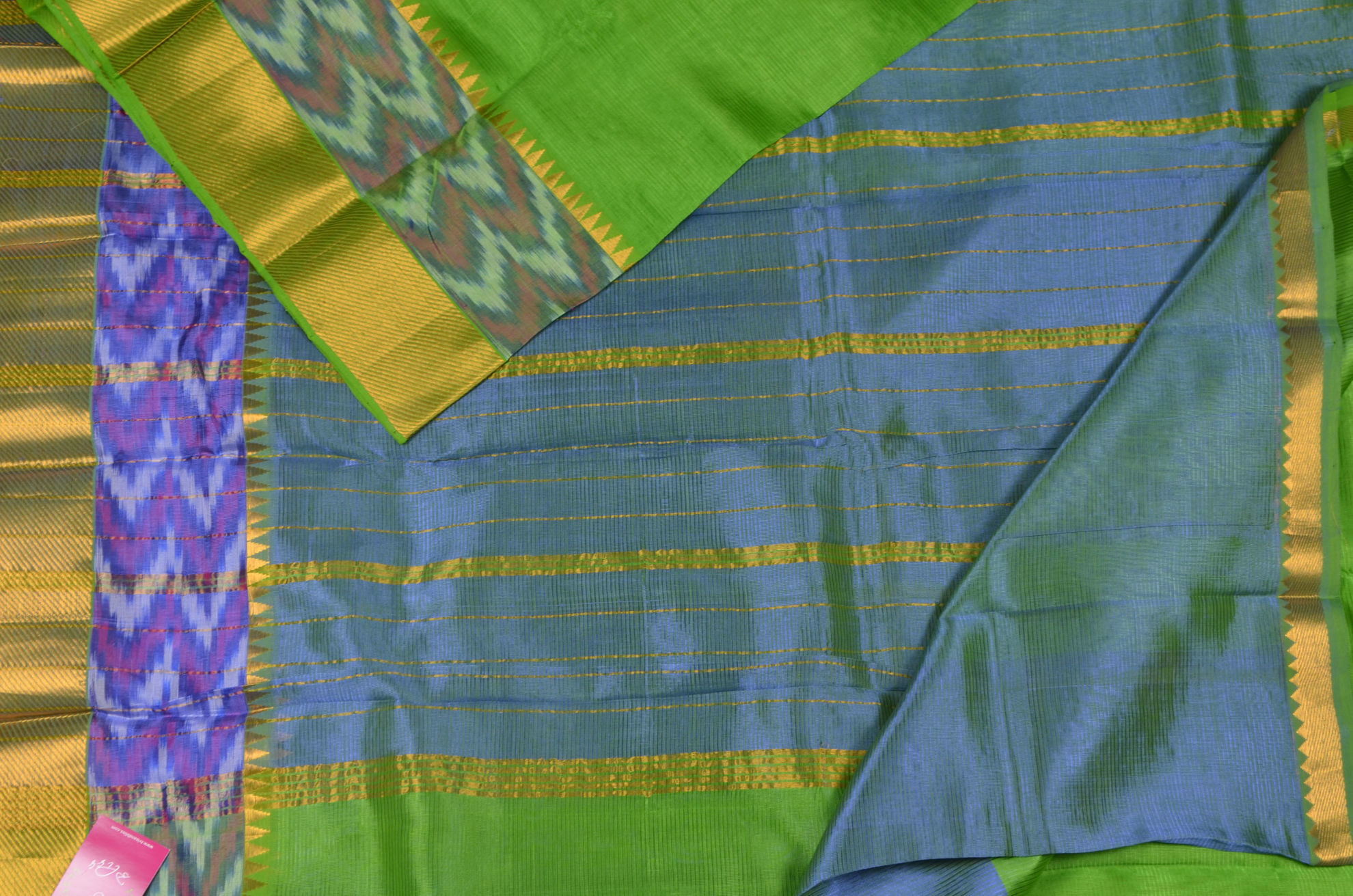 Tvis and Bliss. Parrot Green and Blue Pochampally Border Mangalagiri Silk Saree