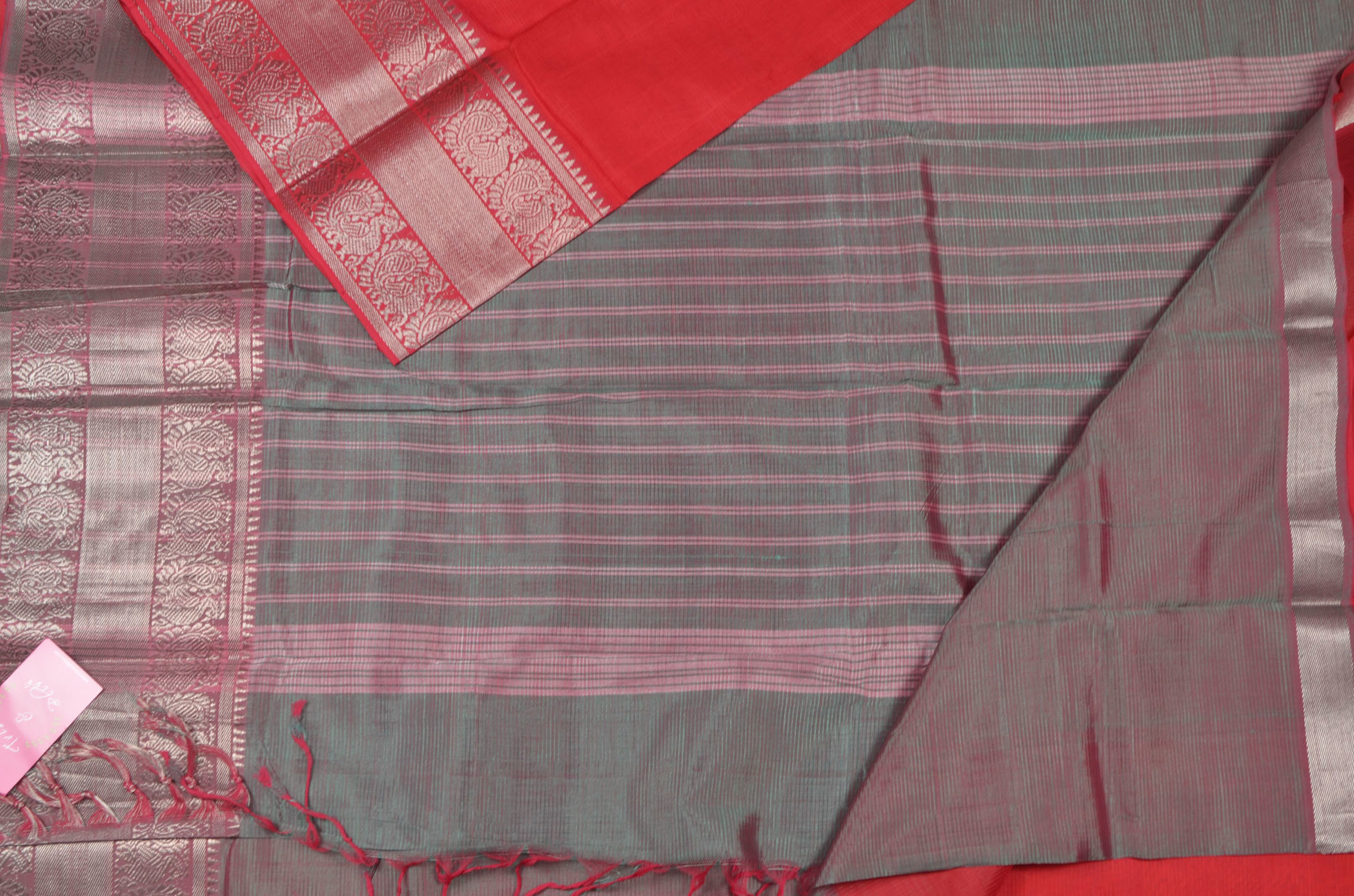 Tvis and Bliss. Red and Green Mangalagiri Silk Saree with Silver Kanchi ...