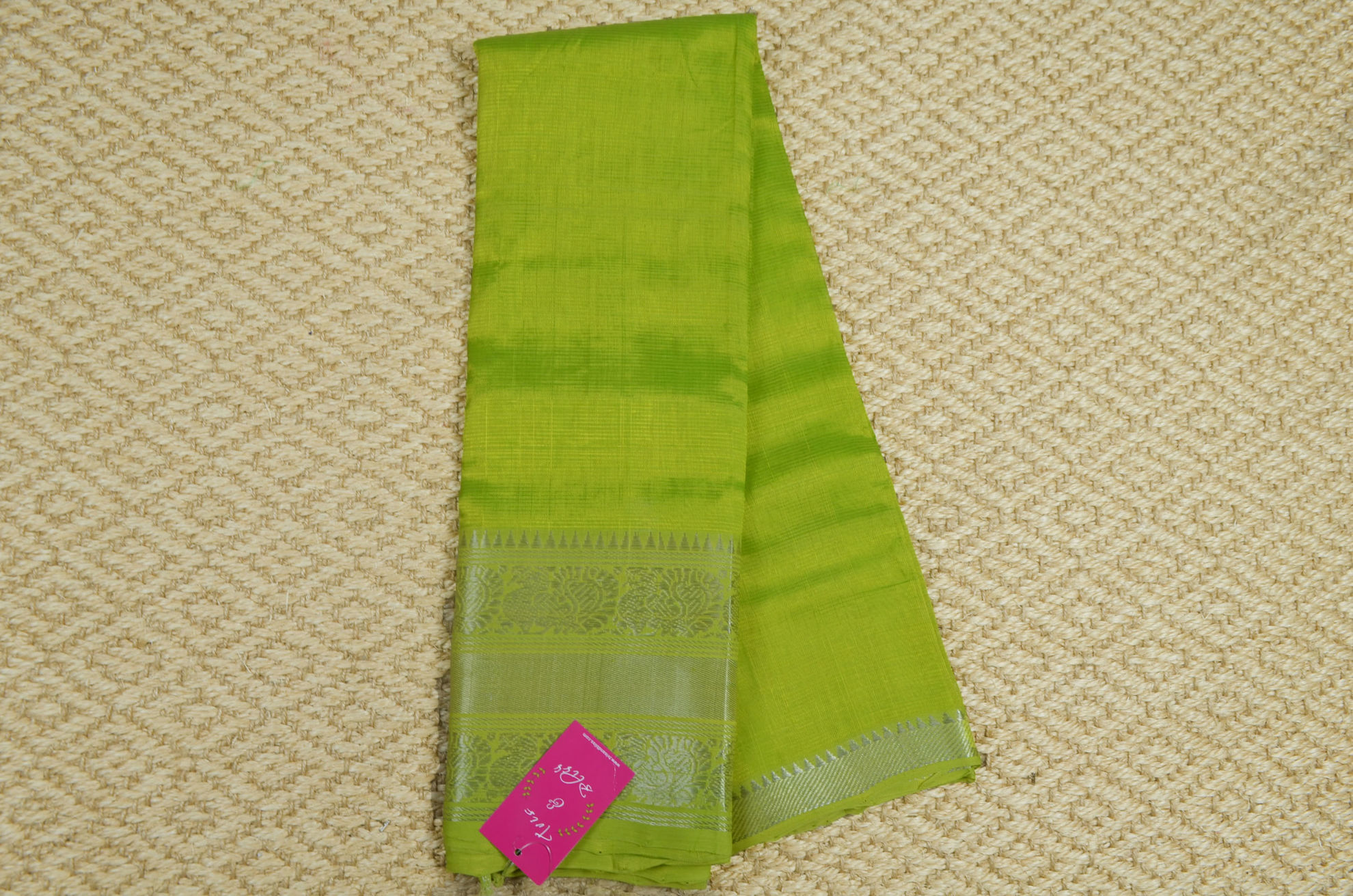 Tvis and Bliss. Parrot Green Mangalagiri Silk Saree with Silver Kanchi ...