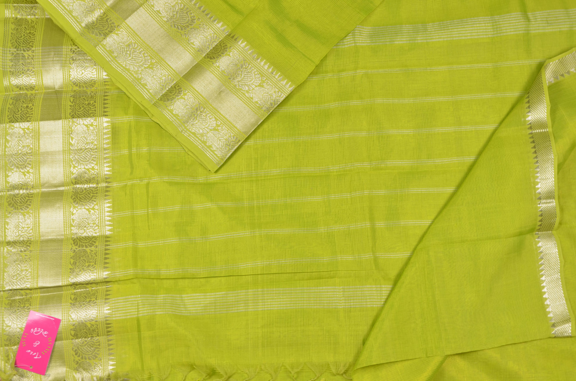 Tvis and Bliss. Parrot Green Mangalagiri Silk Saree with Silver Kanchi Zari Border