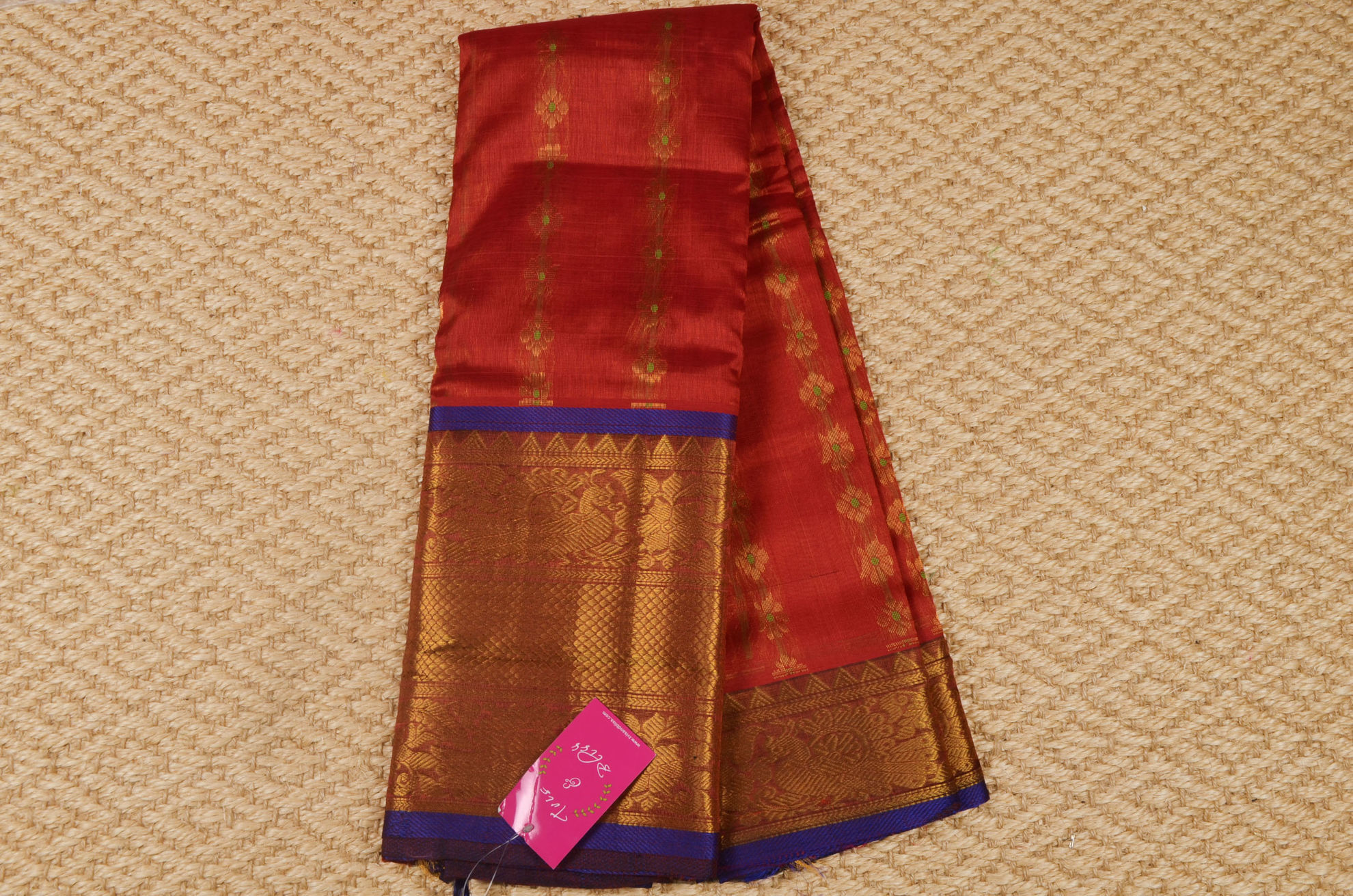 Tvis and Bliss. Red and Violet Mangalagiri Silk Saree with Gold Butta ...