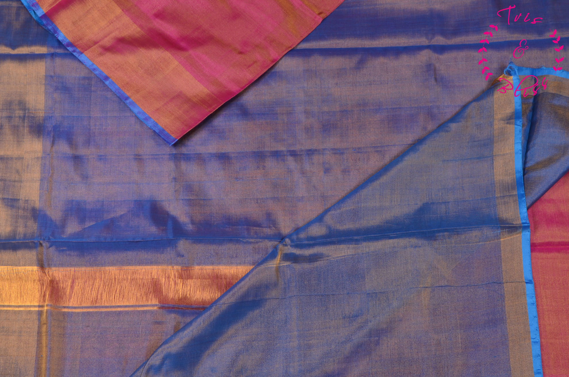 Tvis and Bliss. Pink and Anand Blue Uppada Full Tissue Silk Saree