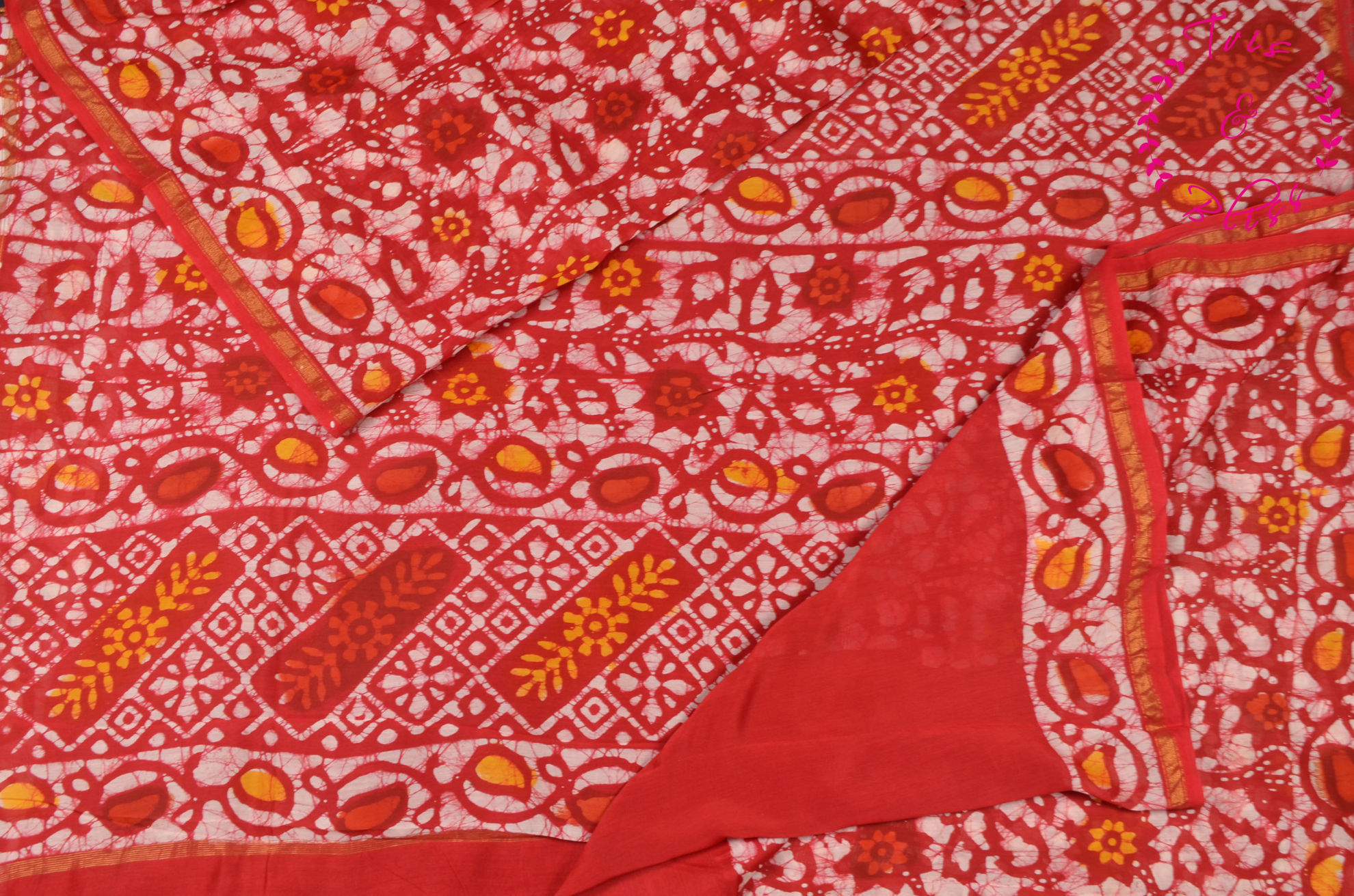 Tvis and Bliss. Red Batik Print Chanderi Silk Saree with Small Zari Border